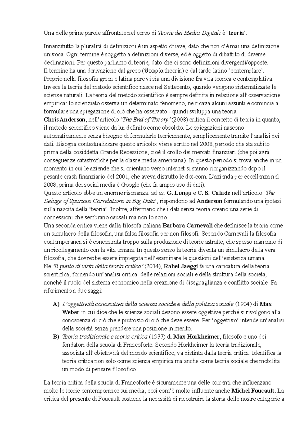 Esercitazione 1 Teorie dei Media - Una delle prime parole affrontate ...