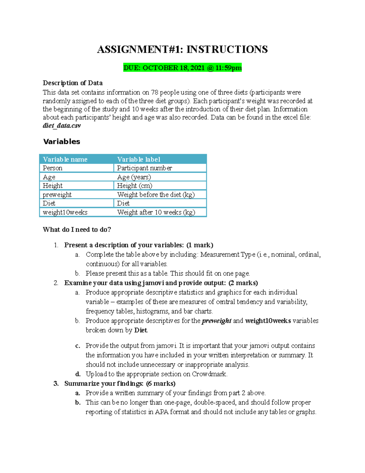 Assignment 1 Instructions about descriptive statistics - PSYC 2021 - Yorku - Studocu
