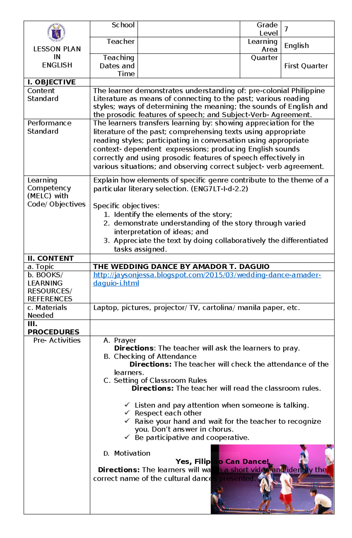 Q1- wedding dance - LESSON PLAN IN ENGLISH School Grade Level 7 Teacher ...