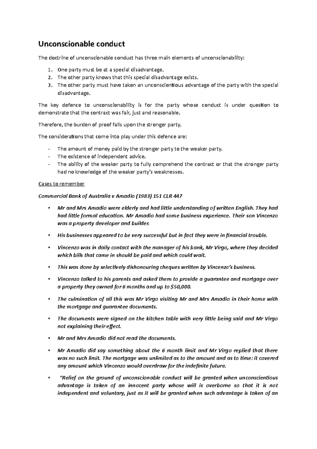 Exam notes for LAWS1204 - Unconscionable conduct The doctrine of ...