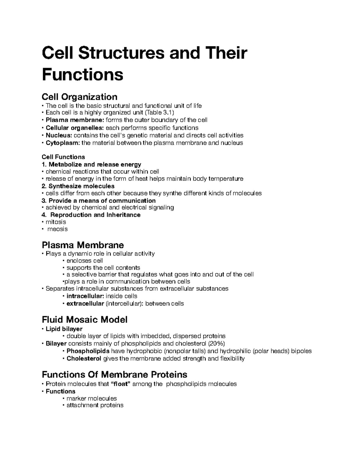 BSN 1 - Cell Structures and Their Functions - Cell Structures and Their ...