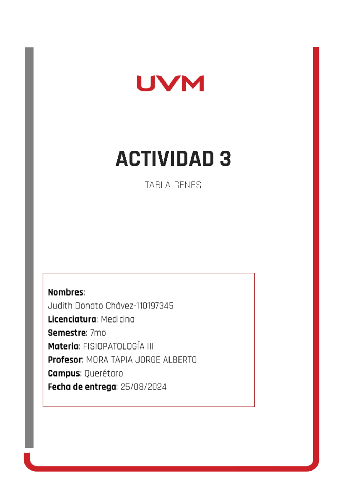 Tabla Genes - ACTIVIDAD 3 TABLA GENES Desarrollo Nombre TIPO DE ...