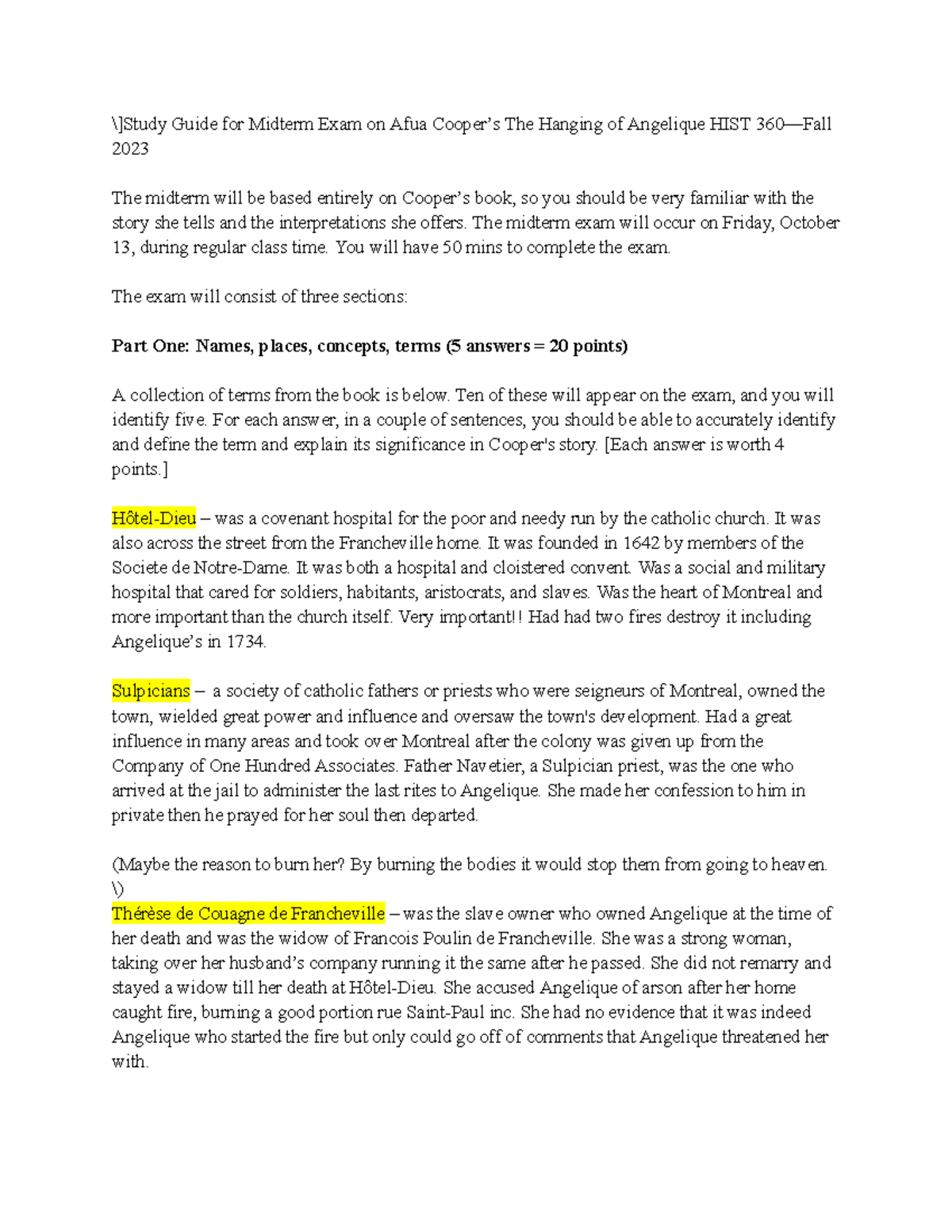 HIST360, The Hanging of Angelique, Afua Cooper - ]Study Guide for ...
