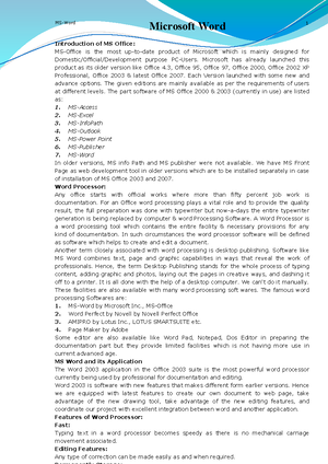 Introduction to MS Office - Introduction to MS Office Microsoft Office (or simply Office) is a ...