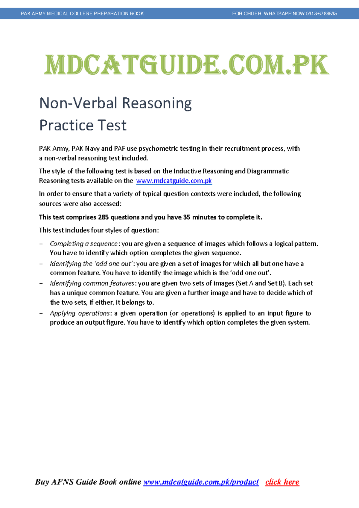 Army Medical Cadet Test - Buy AFNS Guide Book online mdcatguide.com ...