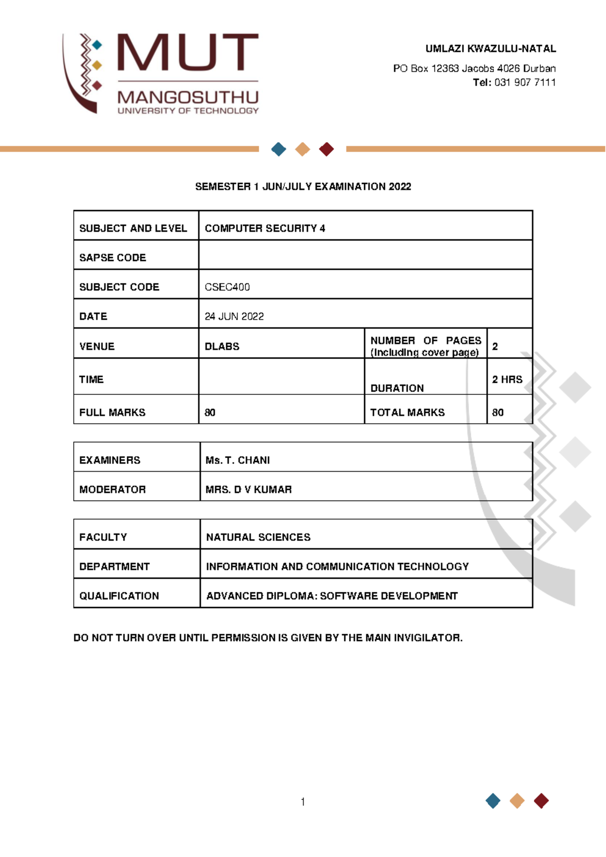 CSEC EXAM 2022 SEM 1 - Past exam paper - 1 SEMESTER 1 JUN/JULY ...