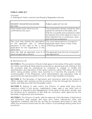 Public Land Act with Cases - PUBLIC LAND ACT I. Concepts A. Distinguish ...