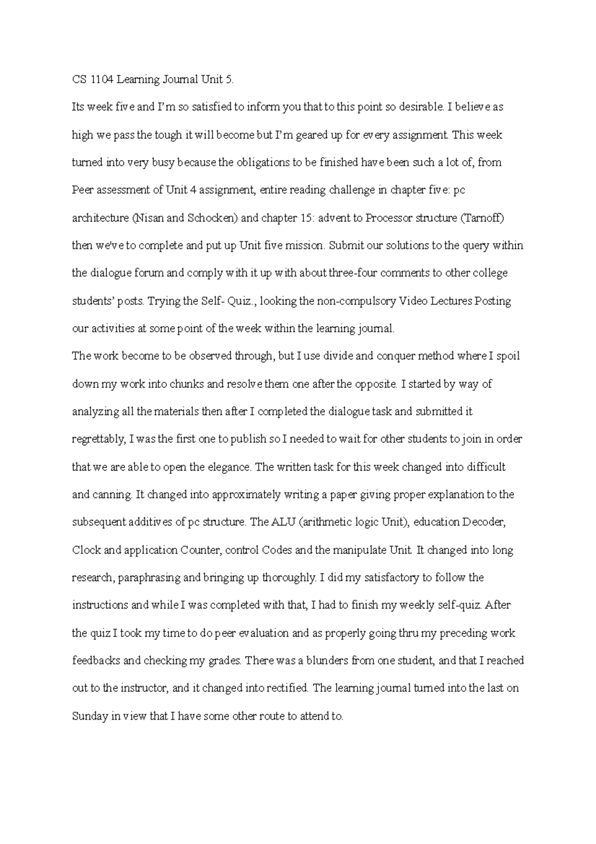 CS 1104 Learning Journal Unit 5 - Its week five and I’m so satisfied to inform you that to this ...