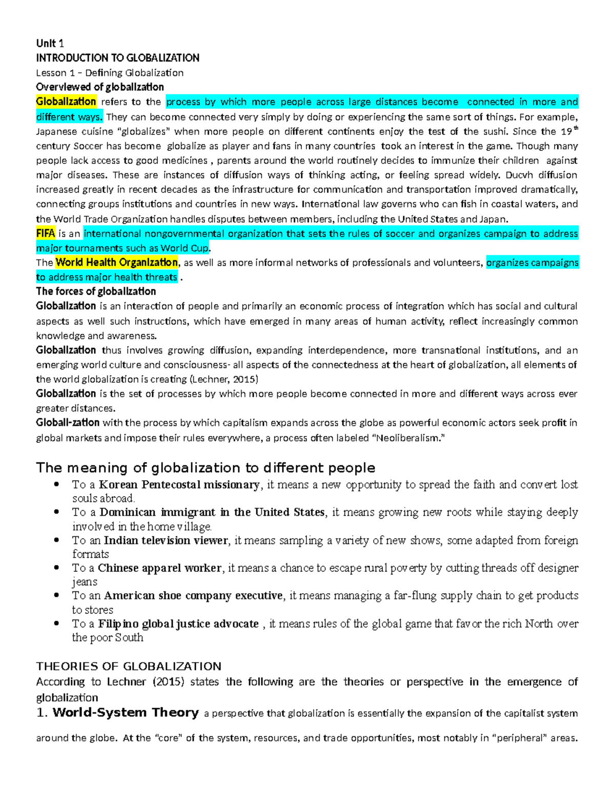 Reviewer - globalization - Unit 1 INTRODUCTION TO GLOBALIZATION Lesson 1 – Defining ...