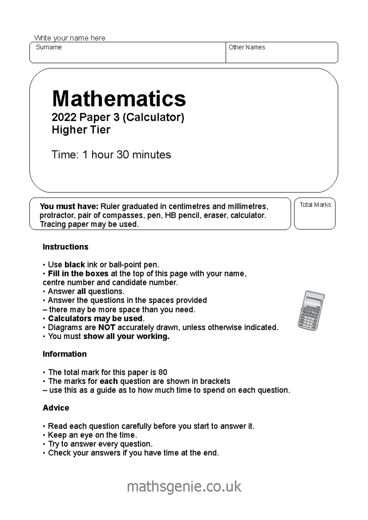 2022PP3H - maths GCSE - Write your name here Surname Other Names You ...