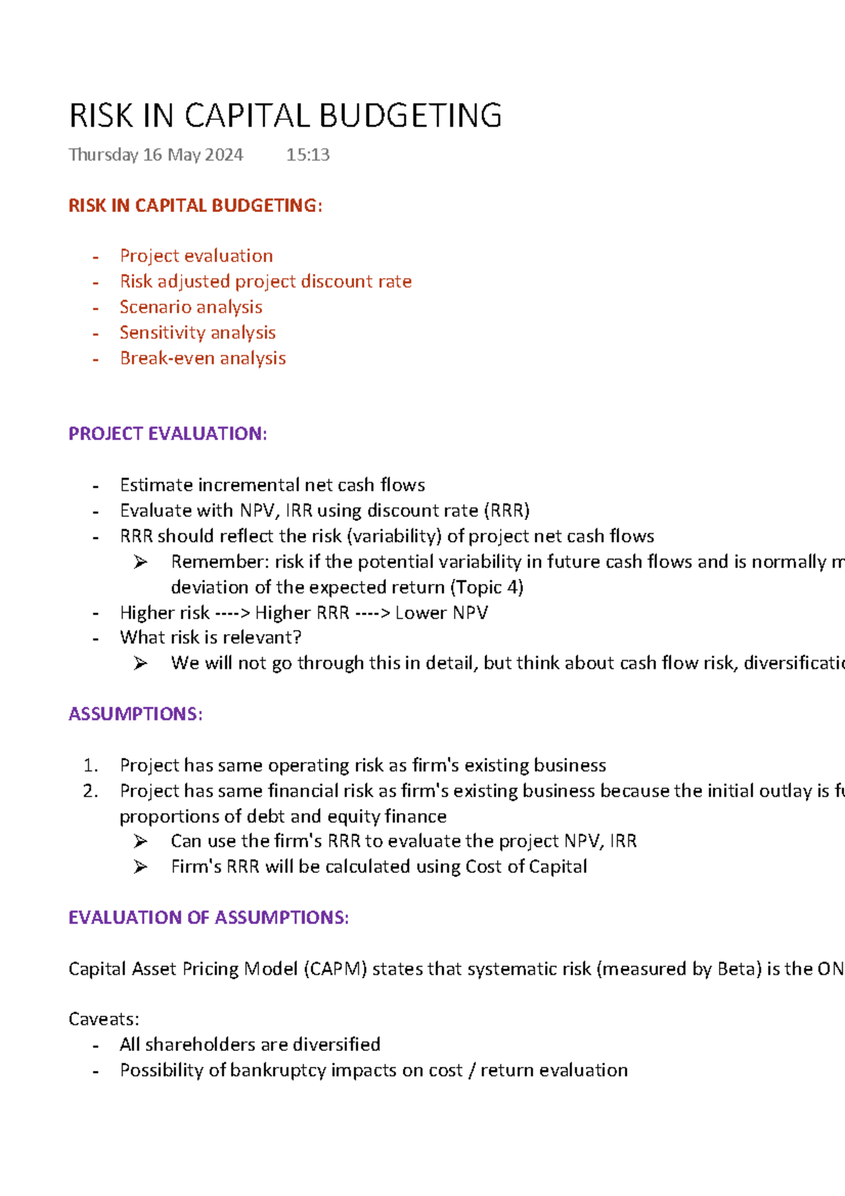 WEEK 10- RISK IN Capital Budgeting - RISK IN CAPITAL BUDGETING: Project ...