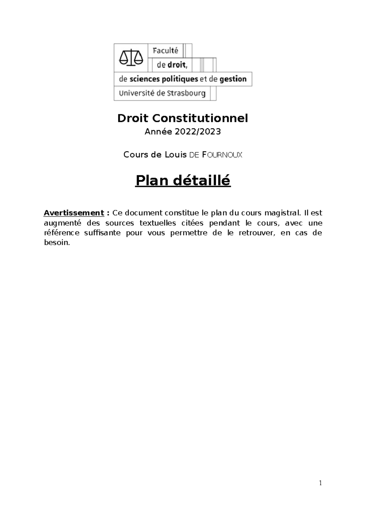 Plan détaillé - Droit constitutionnel I - Droit Constitutionnel Année 2022/ Cours de Louis DE ...