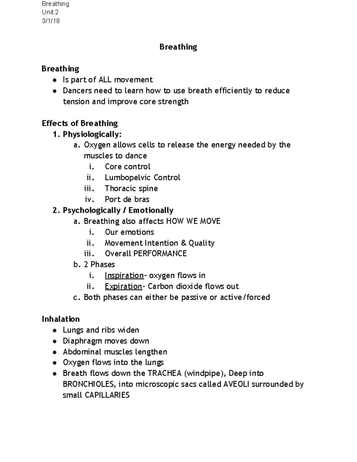 Breathing - Lecture notes 5 - Breathing Unit 2 3/1/18 Breathing ...