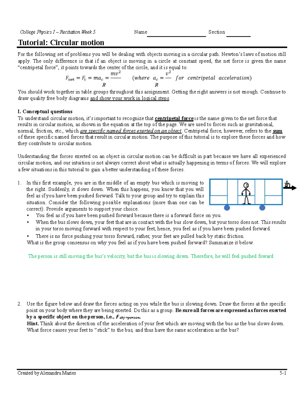 CP1 Recitation - Week 05 - Circular motion-short - College Physics I ...
