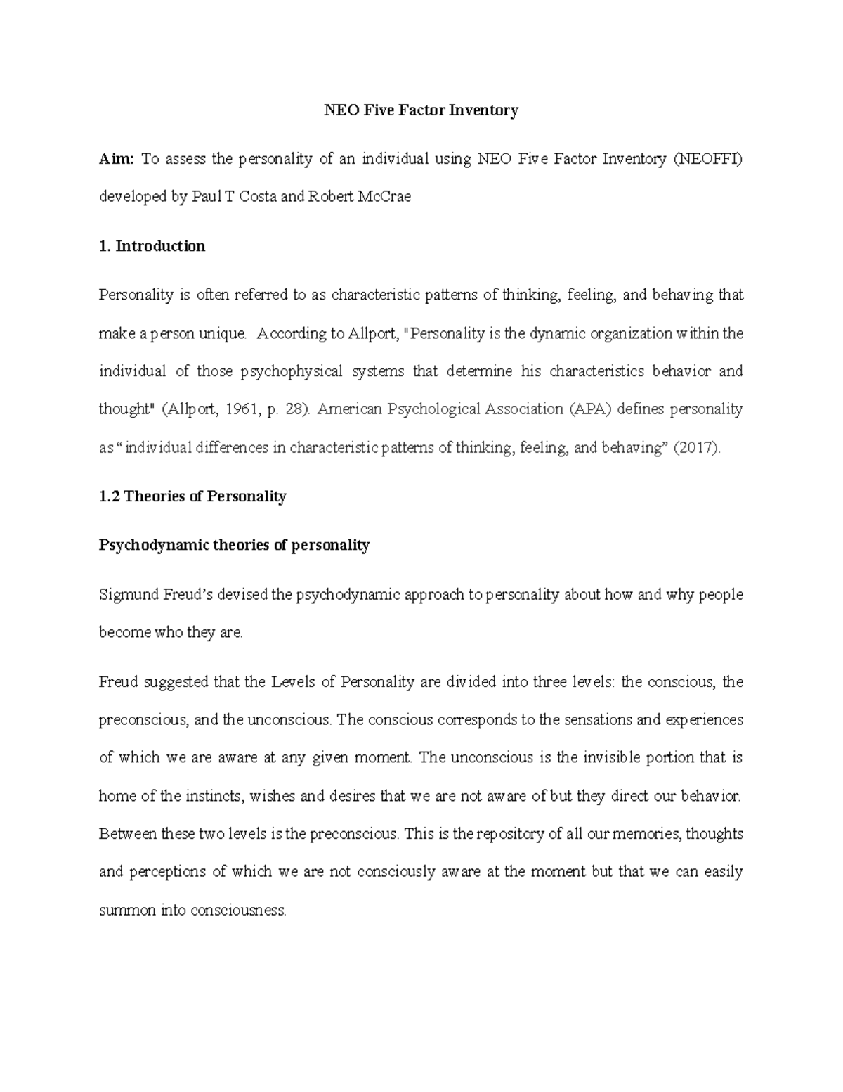 Neoffi - NEO Five Factor Inventory Aim: To assess the personality of an ...
