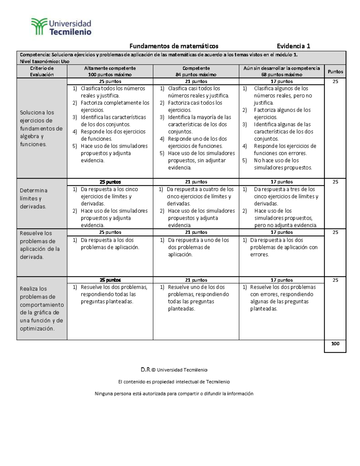 Rubrica ev1 cel - Fundamentos de matemáticos Evidencia 1 Competencia: Soluciona ejercicios y ...