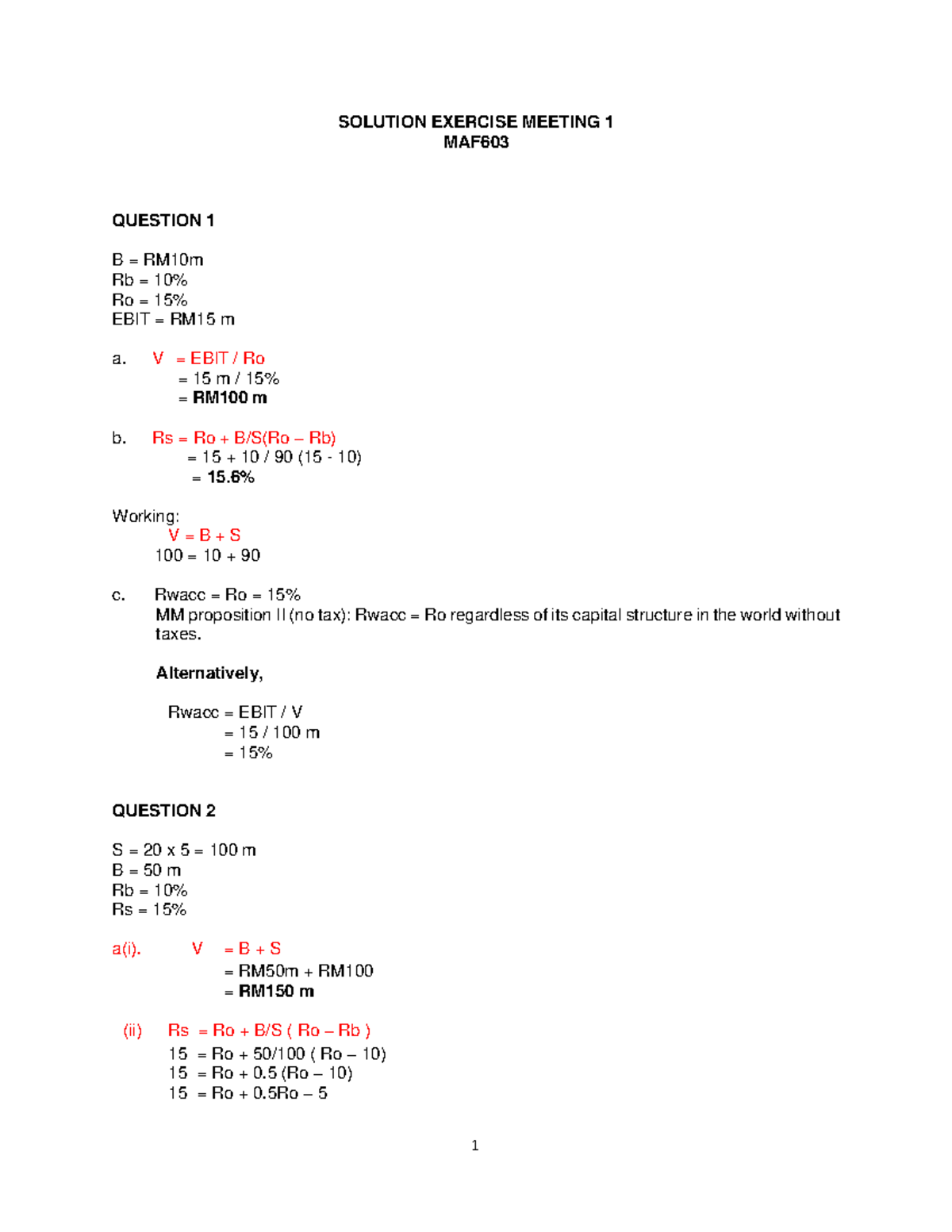MAF Solution Exercise Meeting 1 - SOLUTION EXERCISE MEETING 1 MAF QUESTION 1 B = RM 10 m Rb = 10 ...