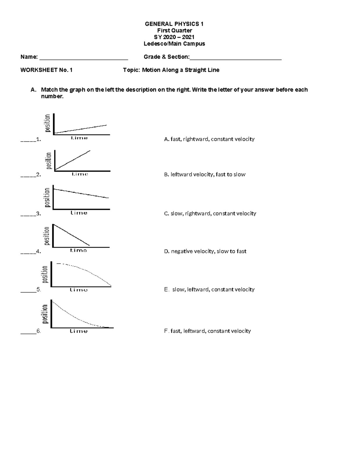 Kinematics worksheet 1 - GENERAL PHYSICS 1 First Quarter SY 2020 – 2021 ...
