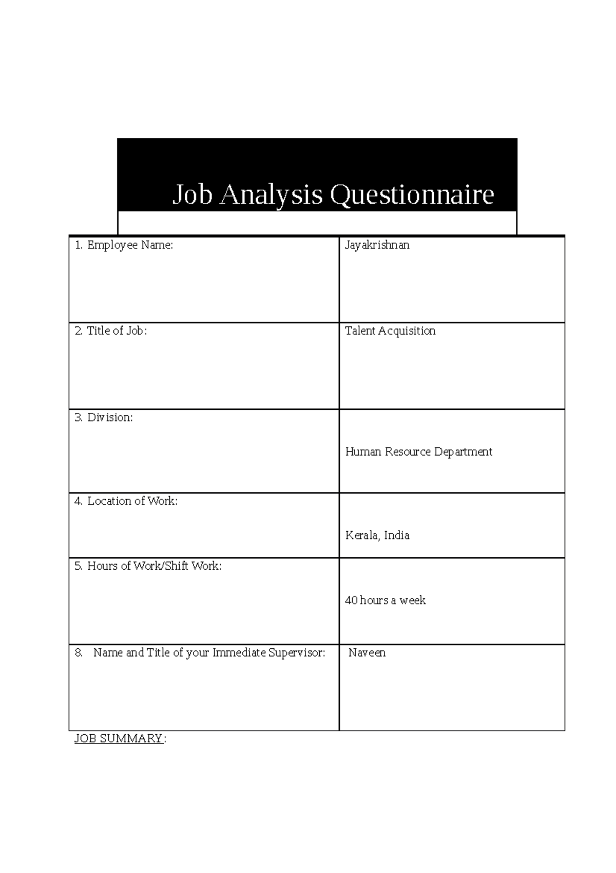 Unni job description - Student - Job Analysis Questionnaire 1. Employee ...
