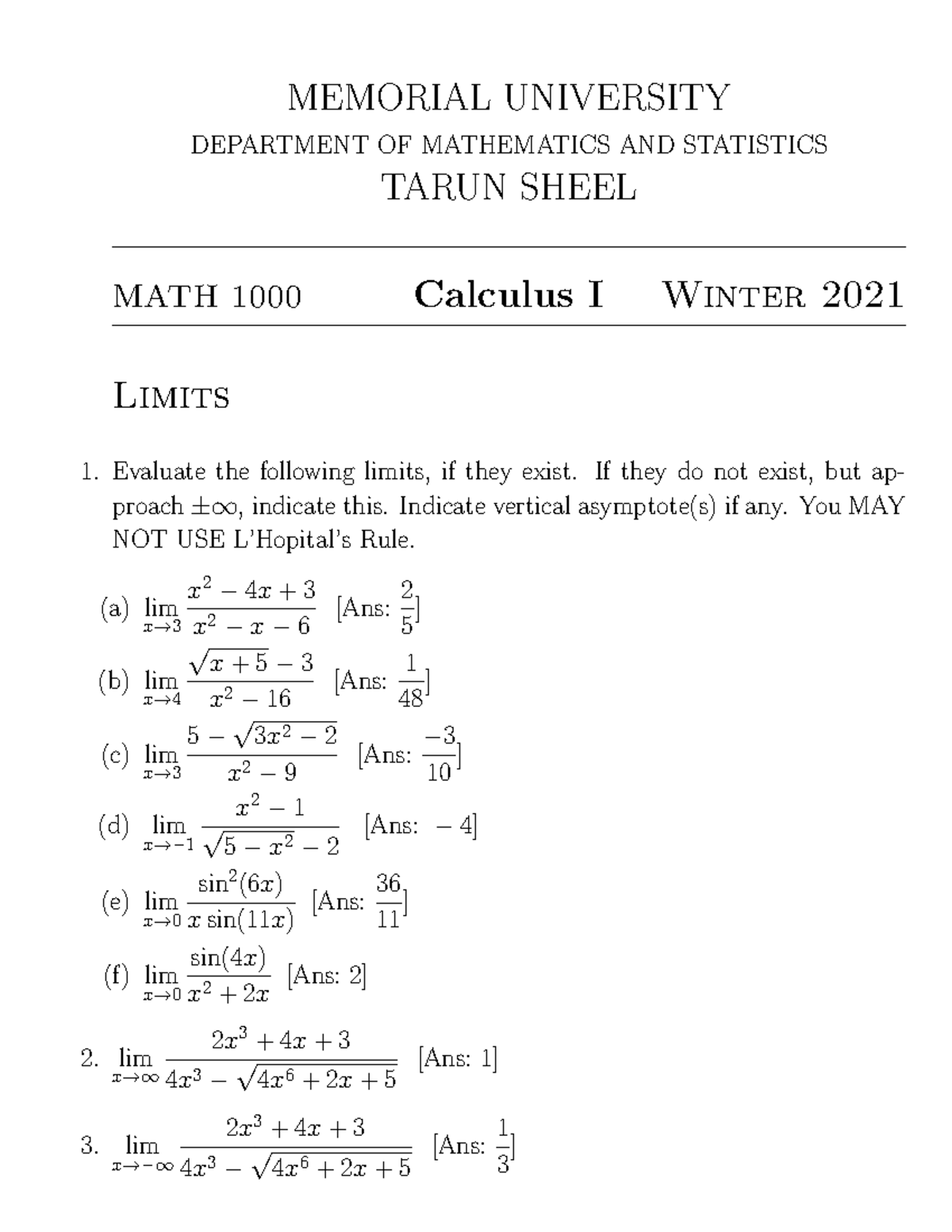 Final Review - MEMORIAL UNIVERSITY DEPARTMENT OF MATHEMATICS AND ...