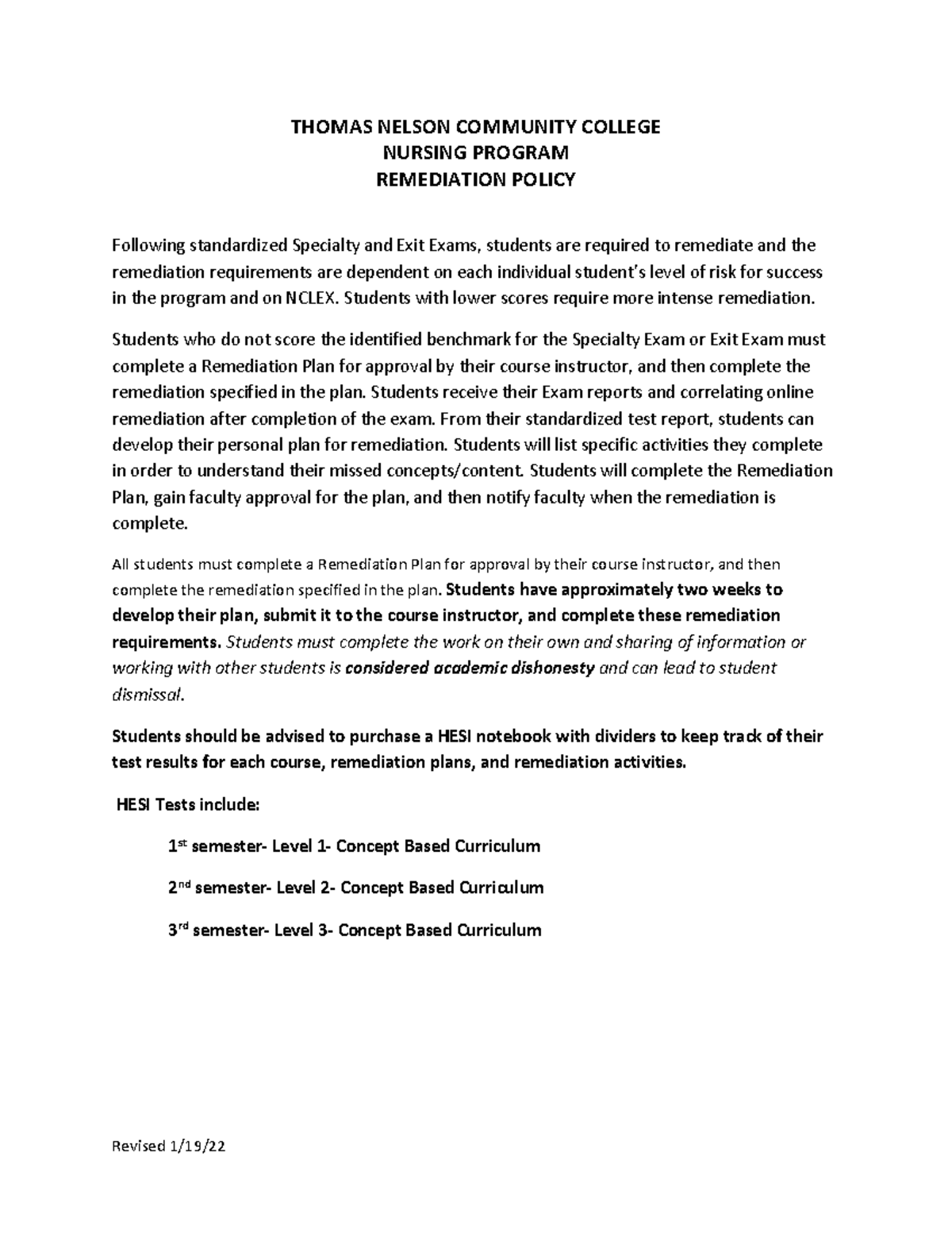 HESI Remediation - THOMAS NELSON COMMUNITY COLLEGE NURSING PROGRAM ...