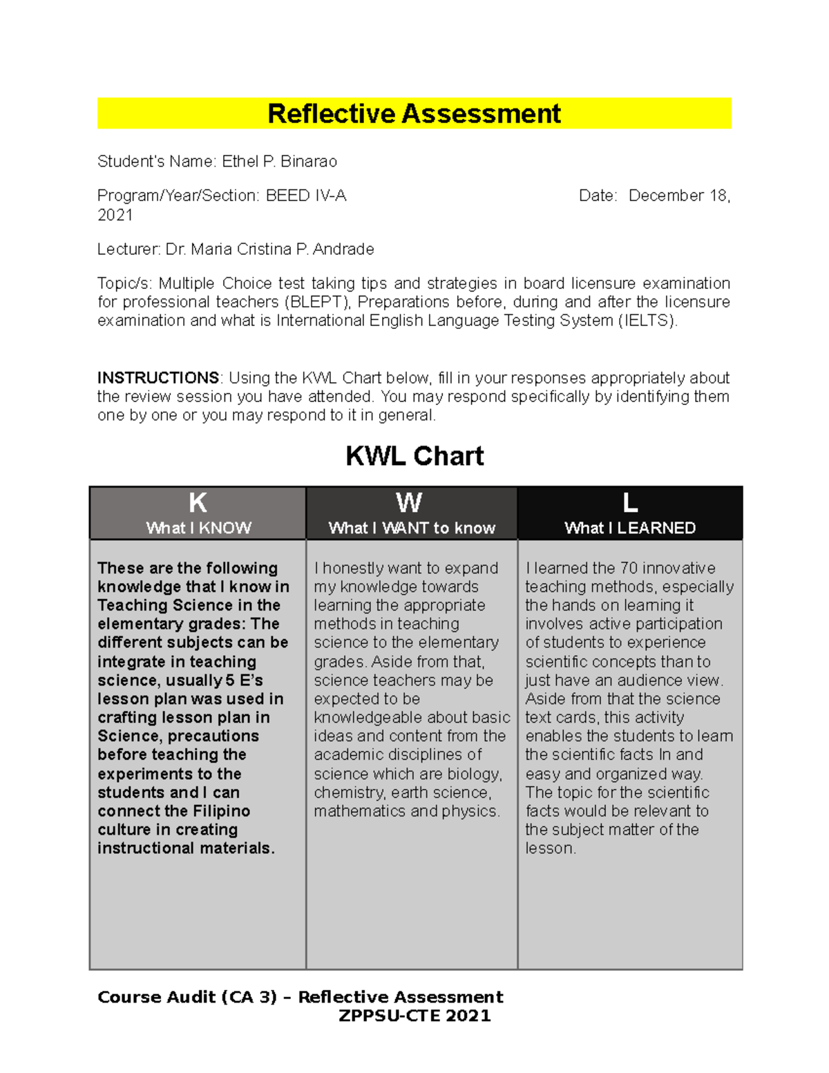 Binarao, Ethel P. BEED IV-A Reflective Assessment 6 - Reflective ...