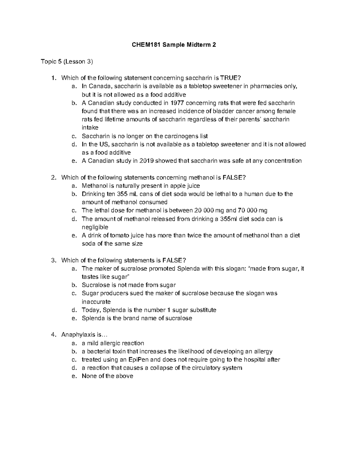 Midterm 2 2019, questions and answers - CHEM181 Sample Midterm 2 Topic 5 (Lesson 3) 1. Which of ...