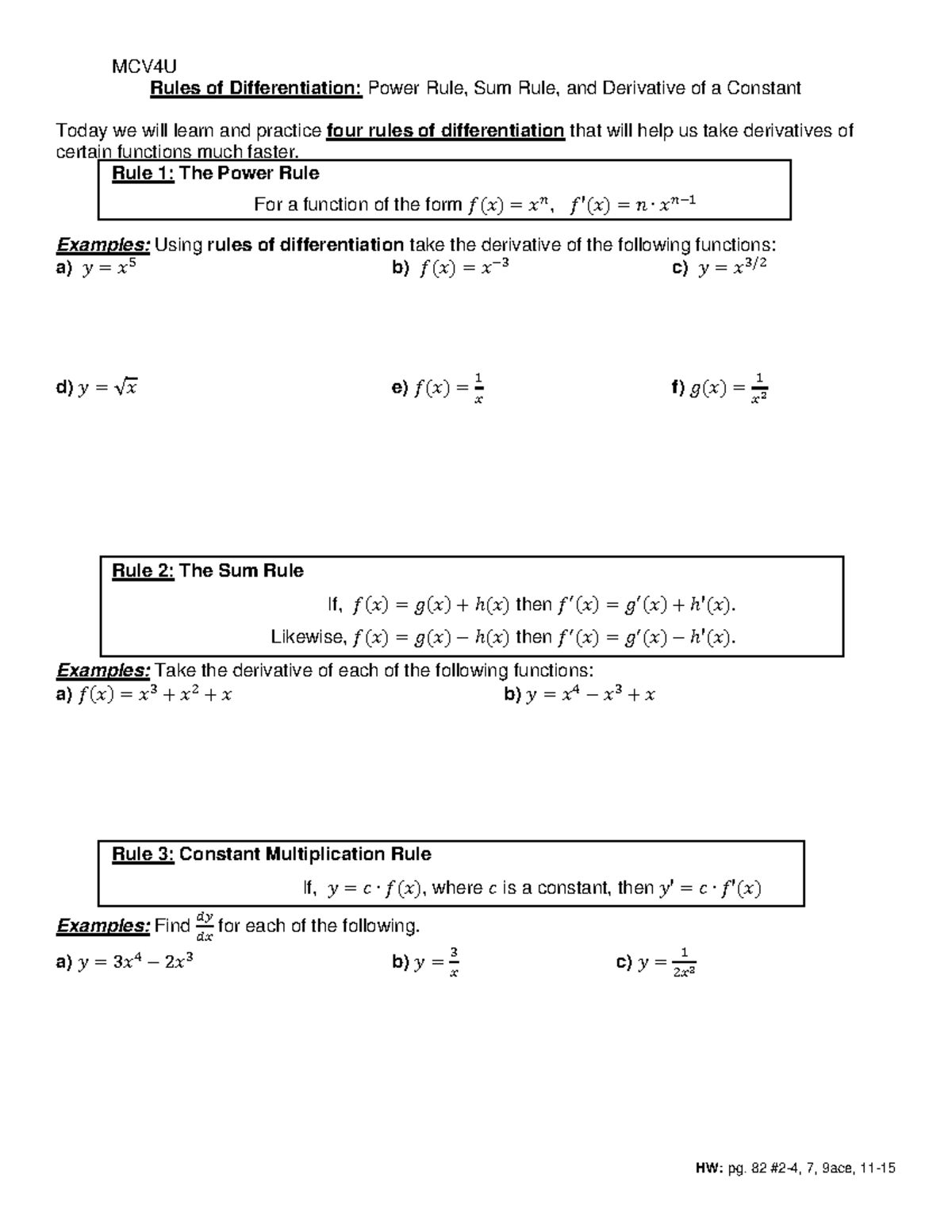 01 - Lesson - practice - MCV4U HW: pg. 82 #2-4, 7, 9ace, 11- Rules of ...