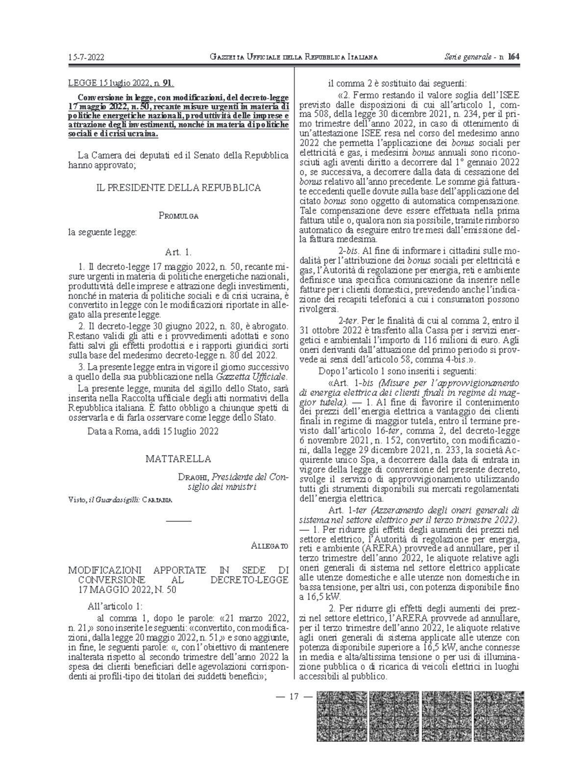 L91 - Legge 91 2022 - LEGGE 15 luglio 2022, n. 91. Conversione in legge ...