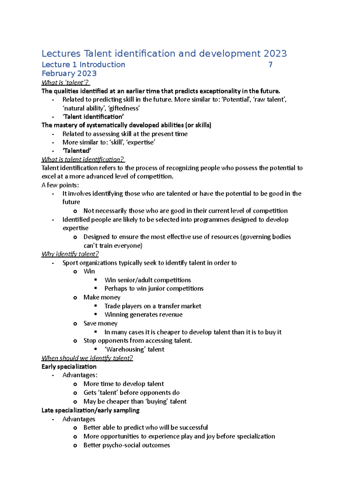 Lectures TED - Lectures Talent identification and development 2023 Lecture 1 Introduction 7 ...