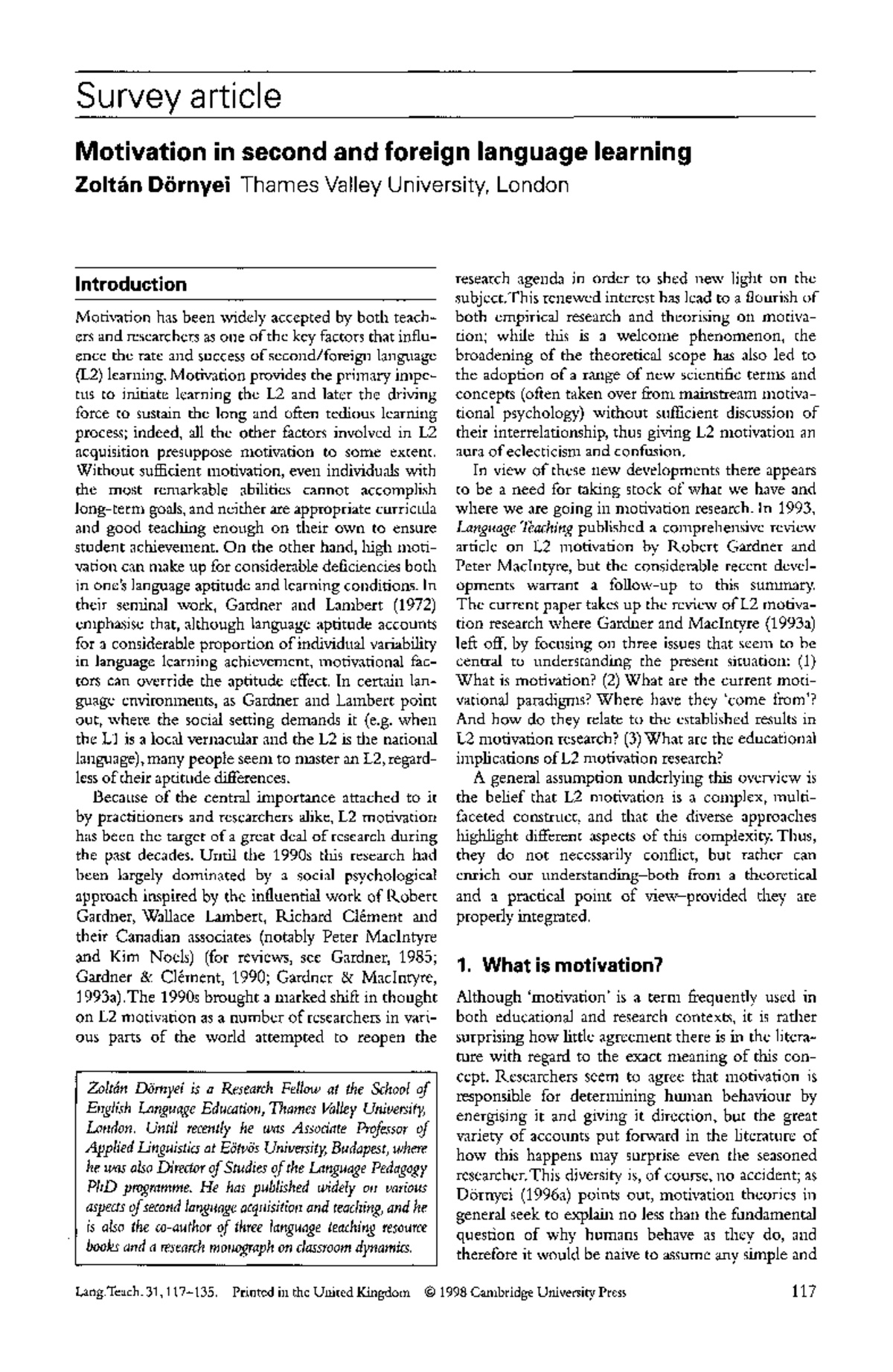 Motivation in second and foreign language learning - Survey article ...