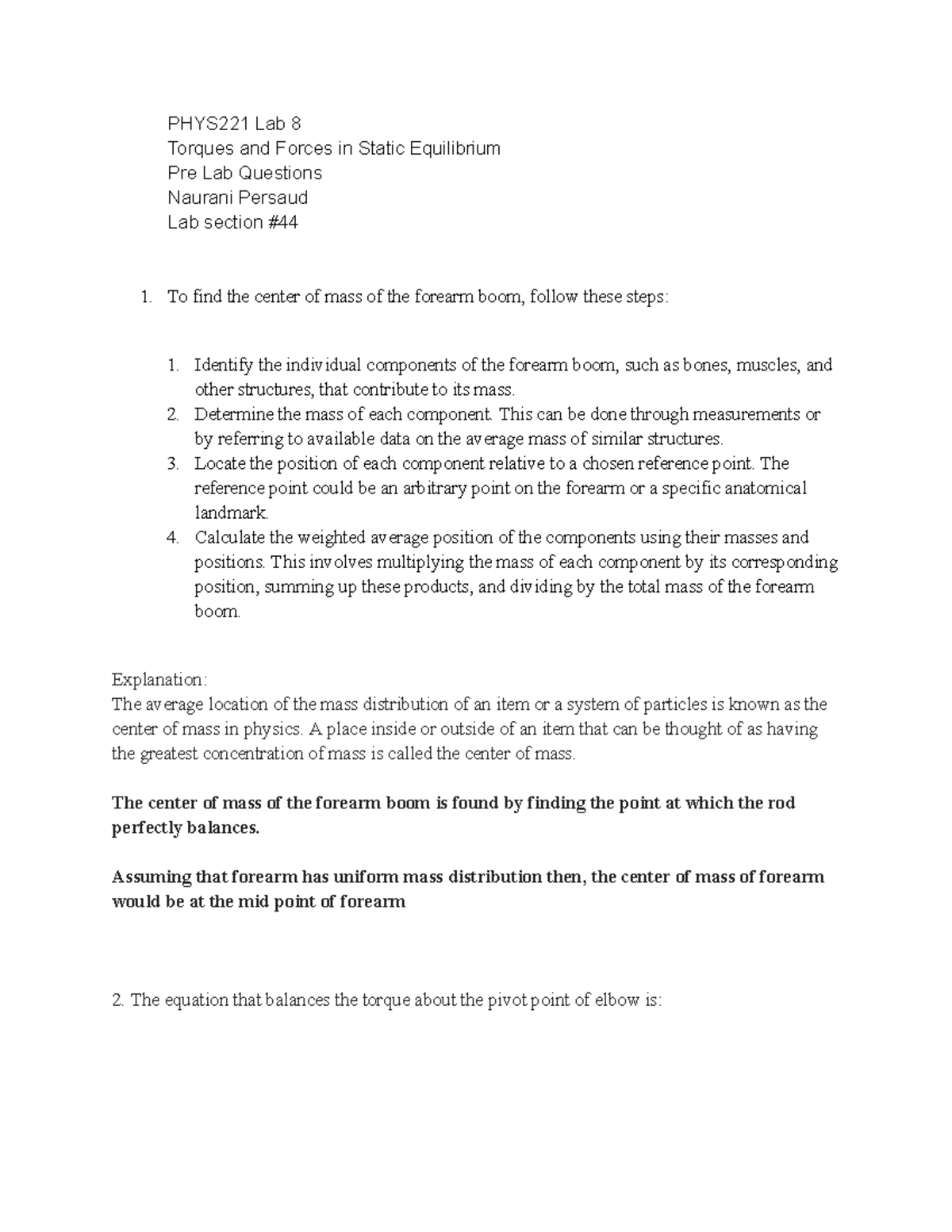 PHYS221 Lab 8-2 - PHYS221 Lab 8 Torques and Forces in Static ...