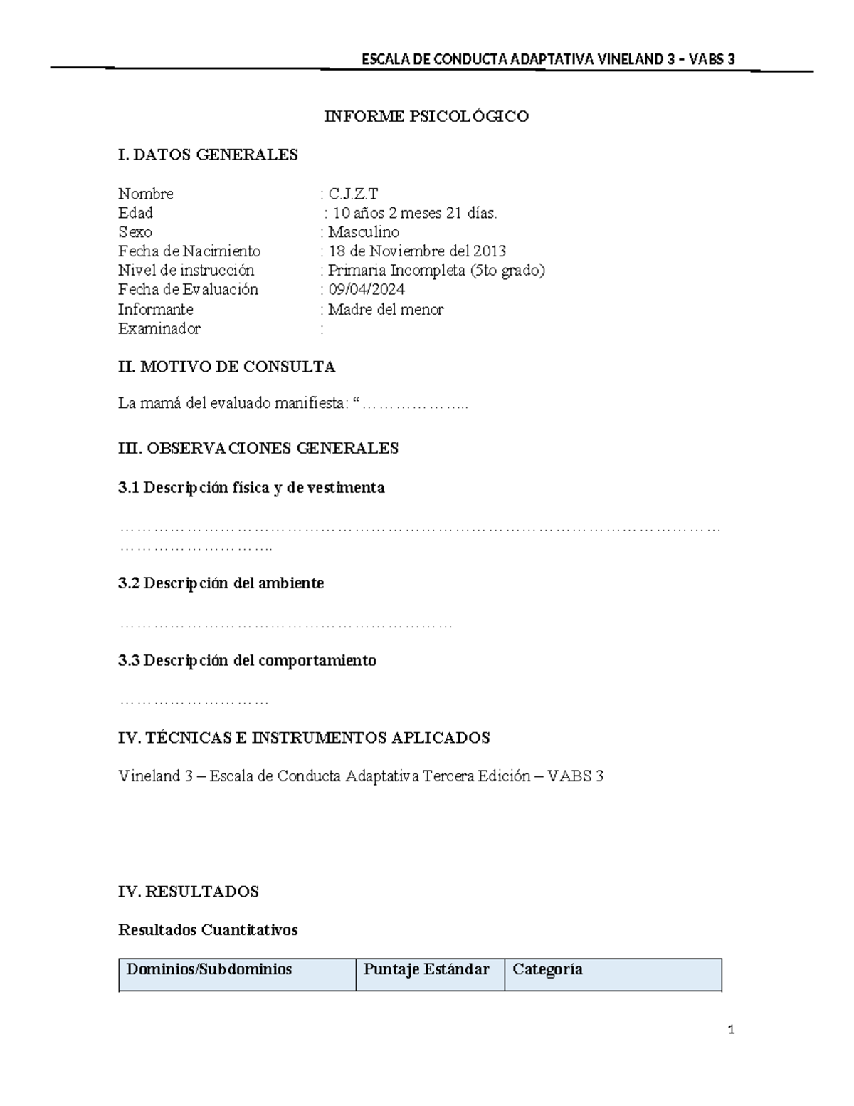 Informe Psicológico vinelan modelo - ESCALA DE CONDUCTA ADAPTATIVA ...