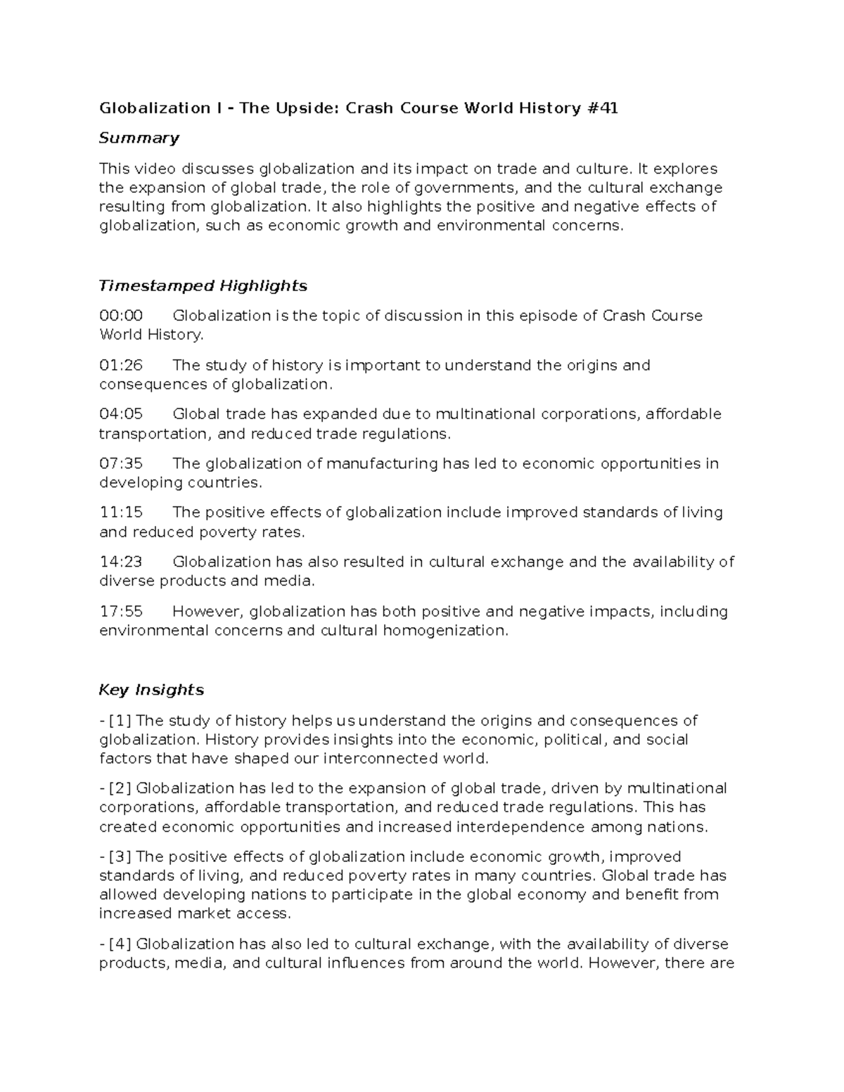 Video Summary International Trade - Globalization I - The Upside: Crash ...