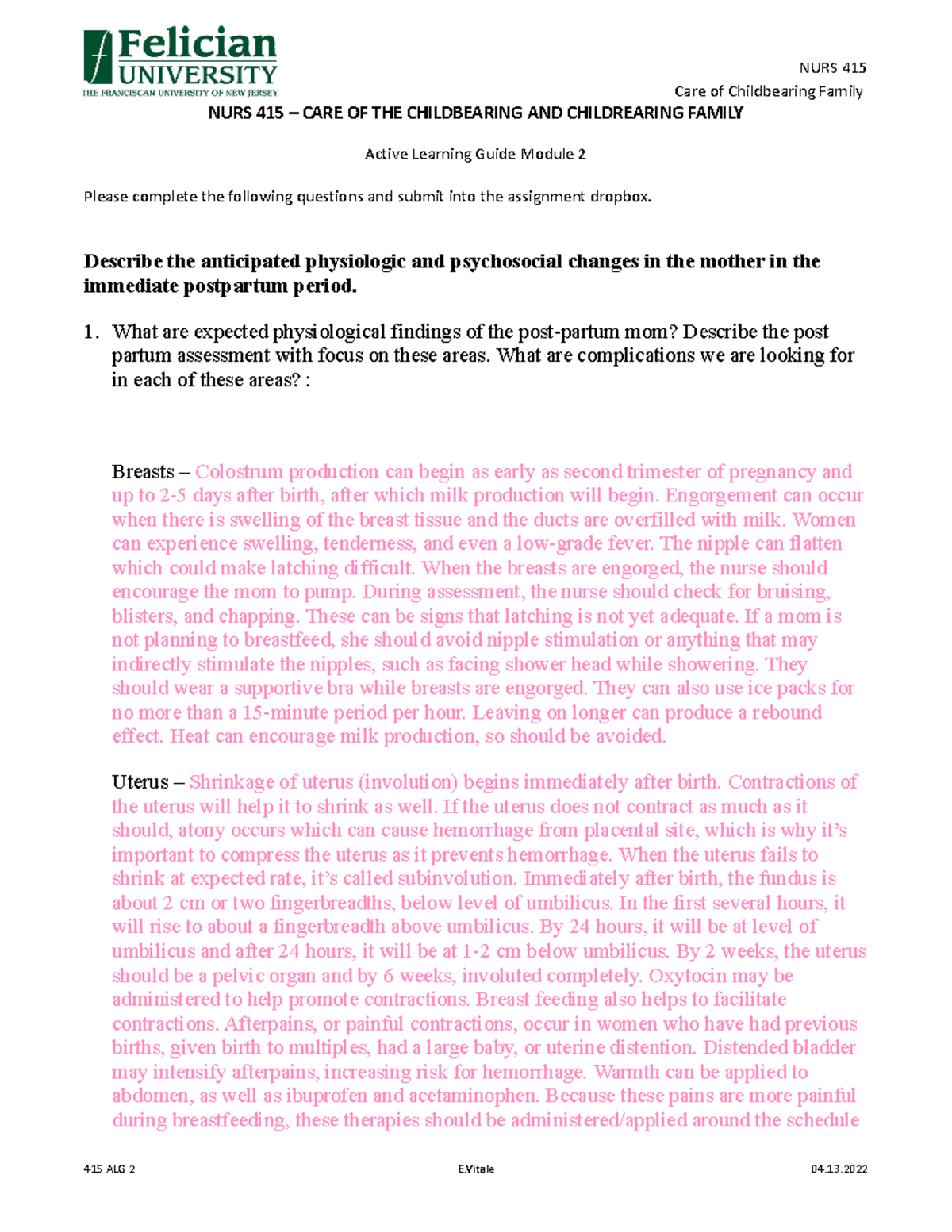 Active Learning Guide - Module 2 - Care of Childbearing Family NURS 415 ...