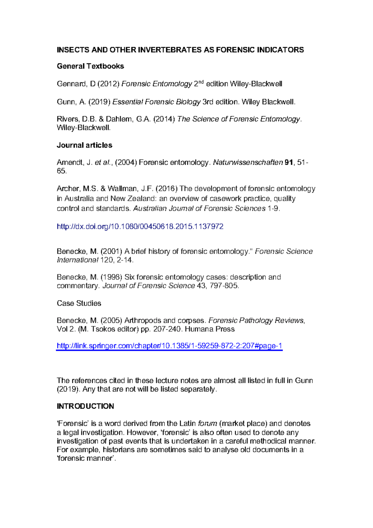 Dr Alan Gunn Lecture Notes 2024 - INSECTS AND OTHER INVERTEBRATES AS ...