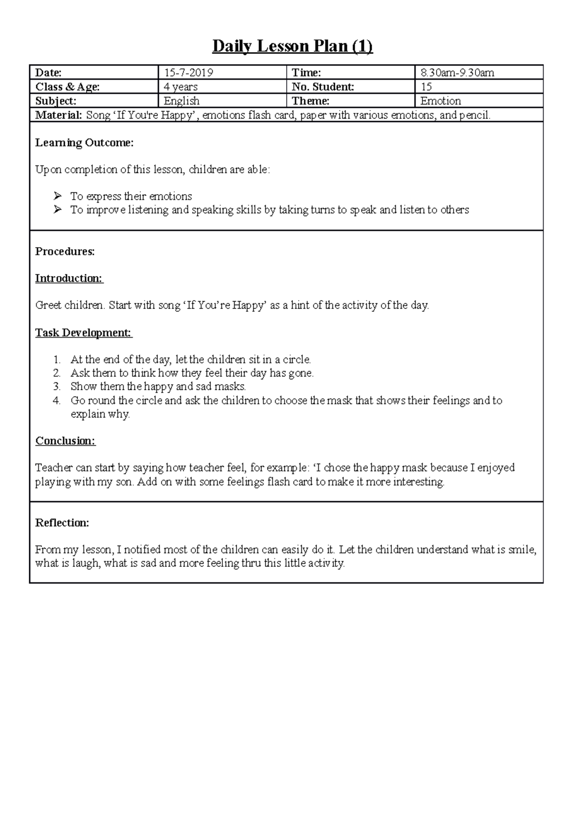 Daily Lesson Plan 1 - 30am-9 Class & Age: 4 years No. Student: 15 ...