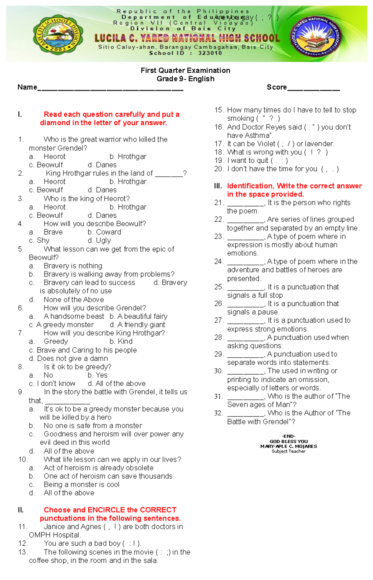 First Quarter TEST English 9 - I. Read each question carefully and put ...
