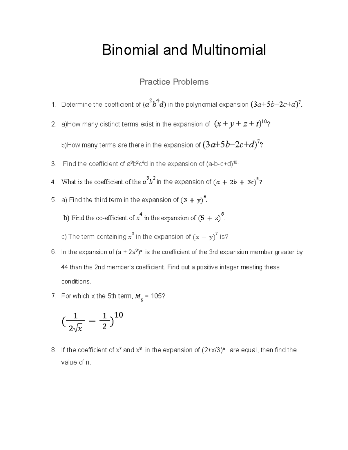 Practice Problmes on Binomial and Multinomials - Binomial and ...