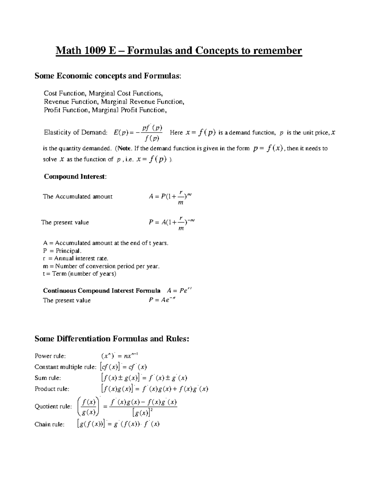 Commonly used formulas - Math 1009 E – Formulas and Concepts to ...