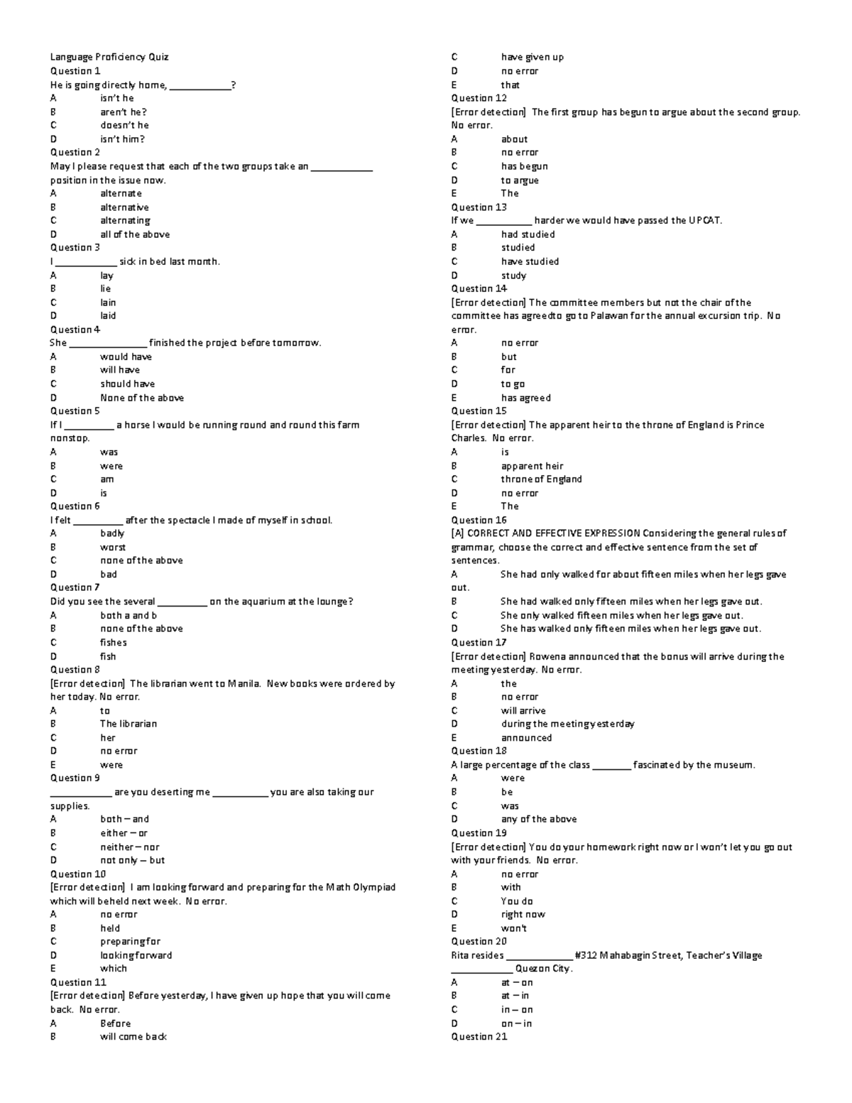 Upcat Mock Test - Language Proficiency Quiz Question 1 He is going ...