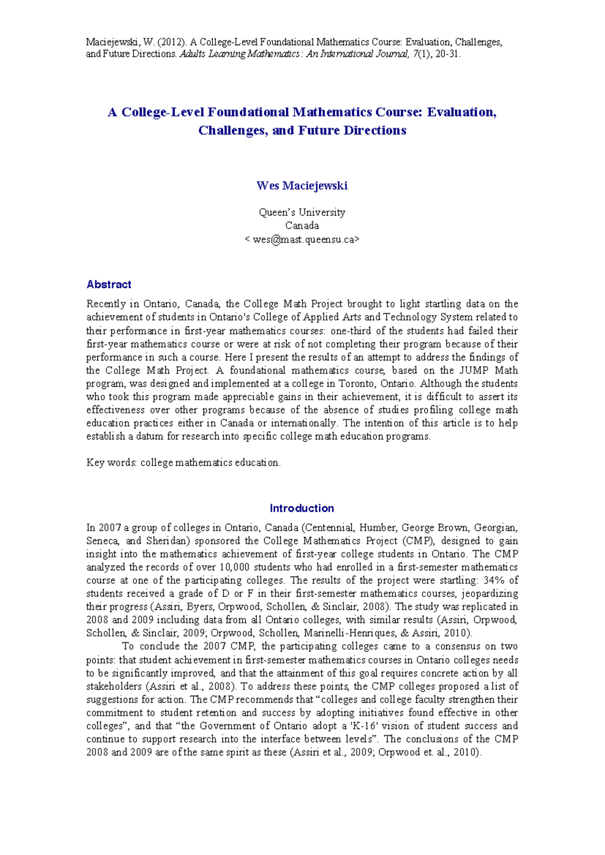 EJ1068208 - A College-Level Foundational Mathematics Course: Evaluation ...