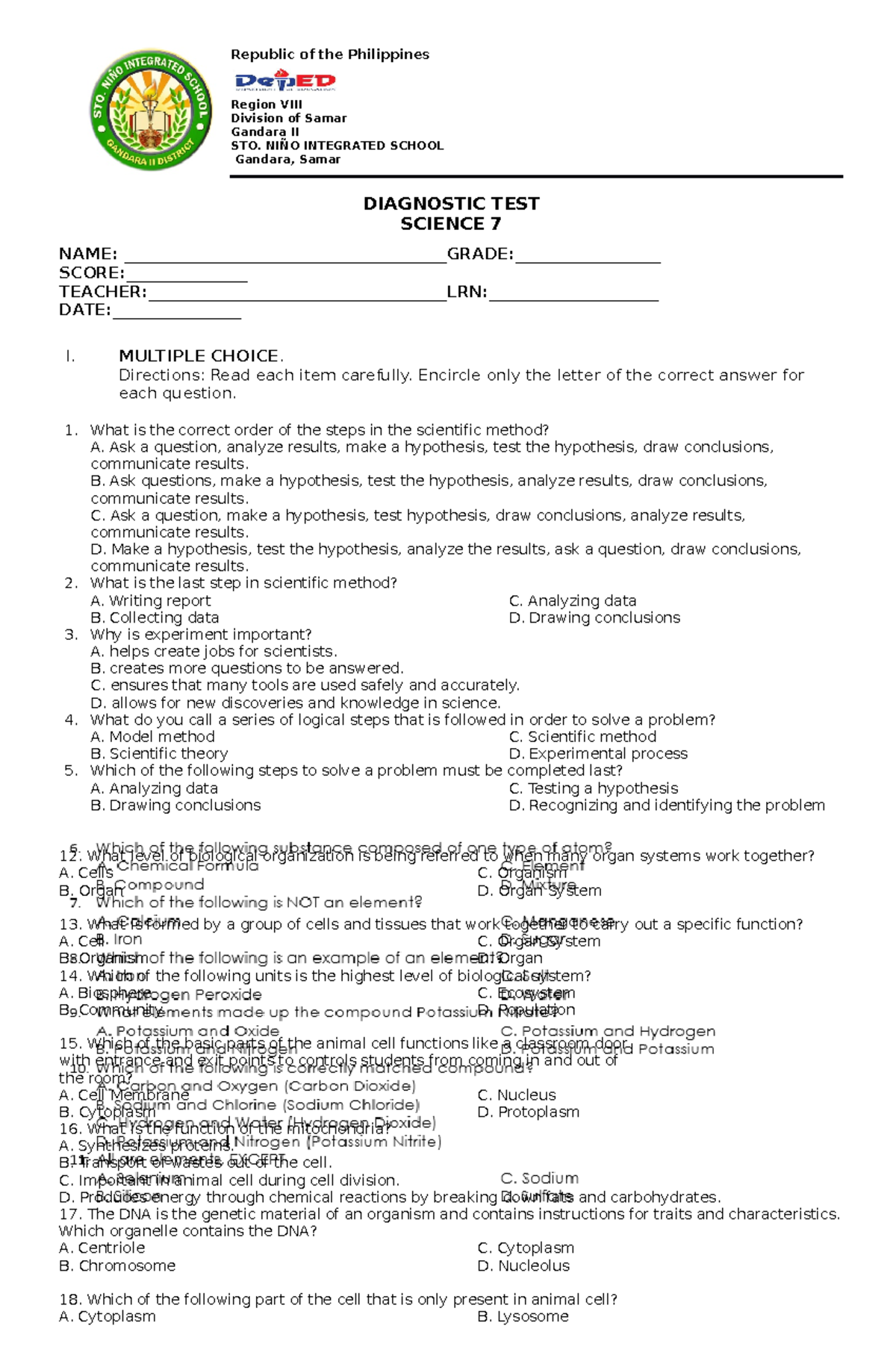 Diagnostic test science 7 - Republic of the Philippines Region VIII ...