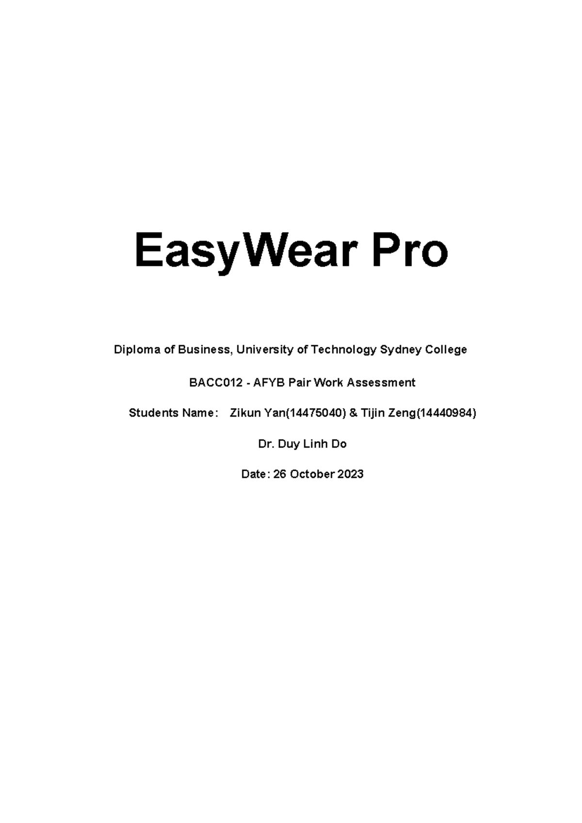 Assignment for pair work - EasyWear Pro Diploma of Business, University ...