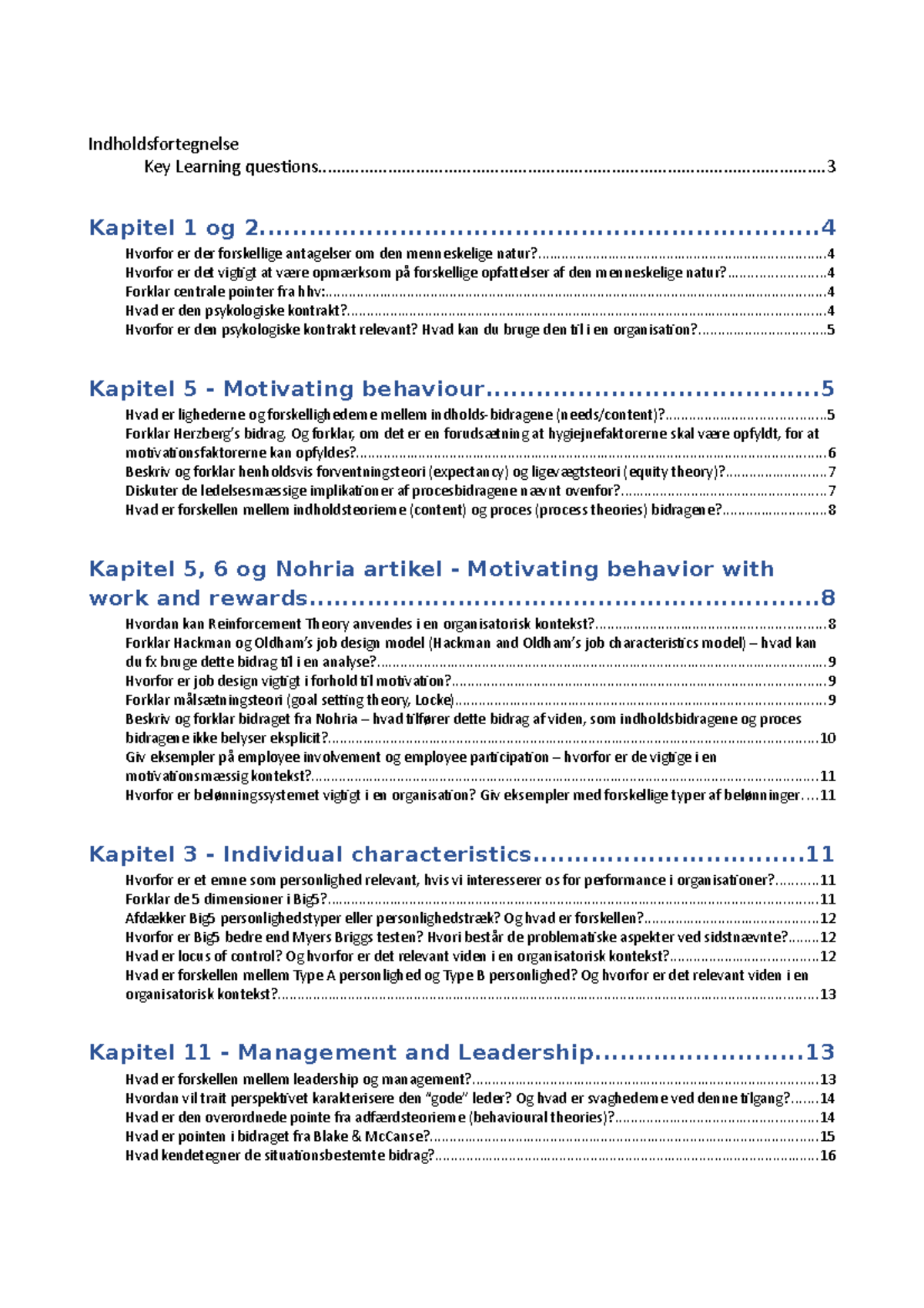 Alle Key Learning Questions I OB med svar - Indholdsfortegnelse - Key ...