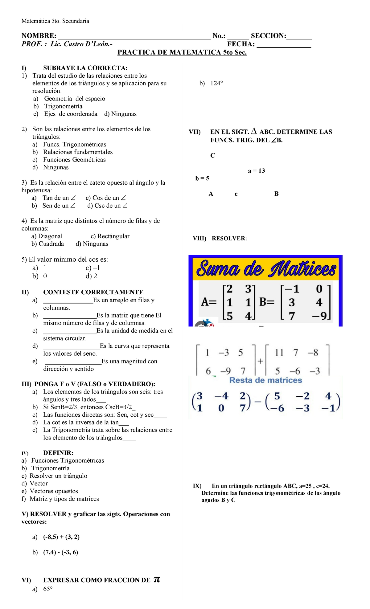Prueba Matemática 5to mayo - Matemática 5to. Secundaria NOMBRE: - Studocu