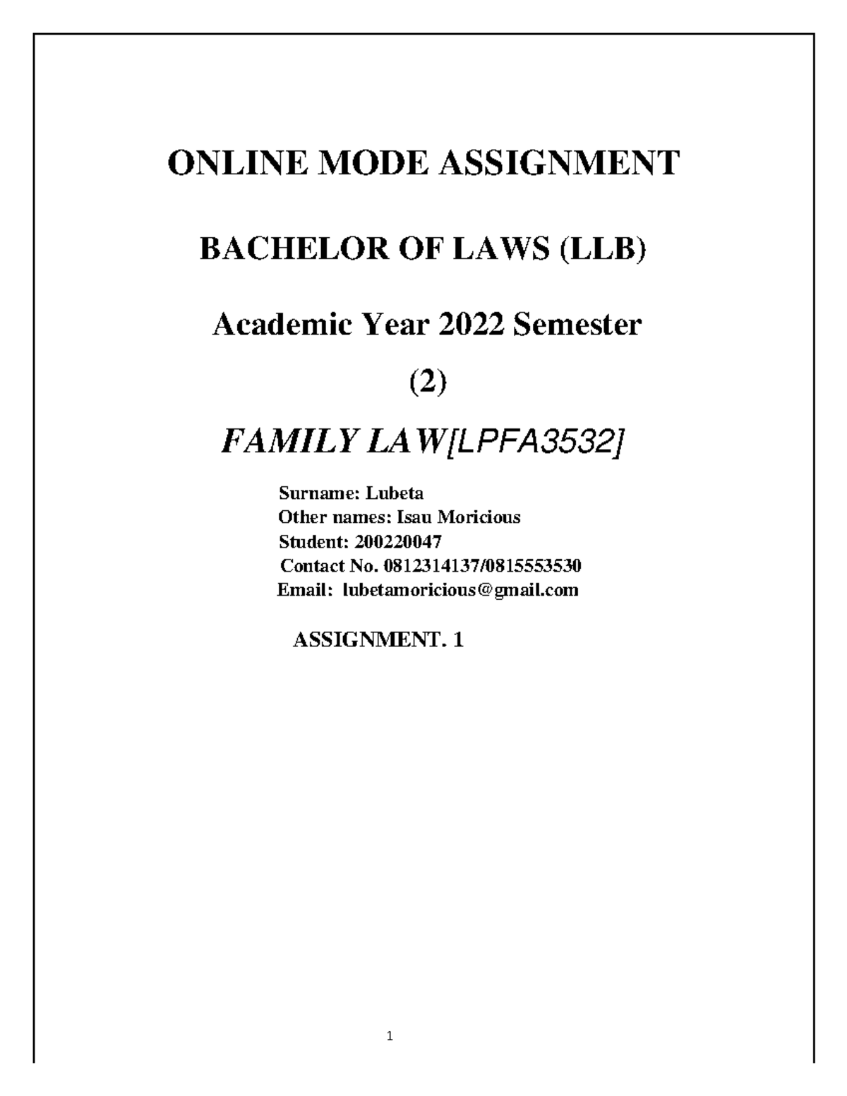 Family LAW Assignment 1 Final 2022 - ONLINE MODE ASSIGNMENT BACHELOR OF ...