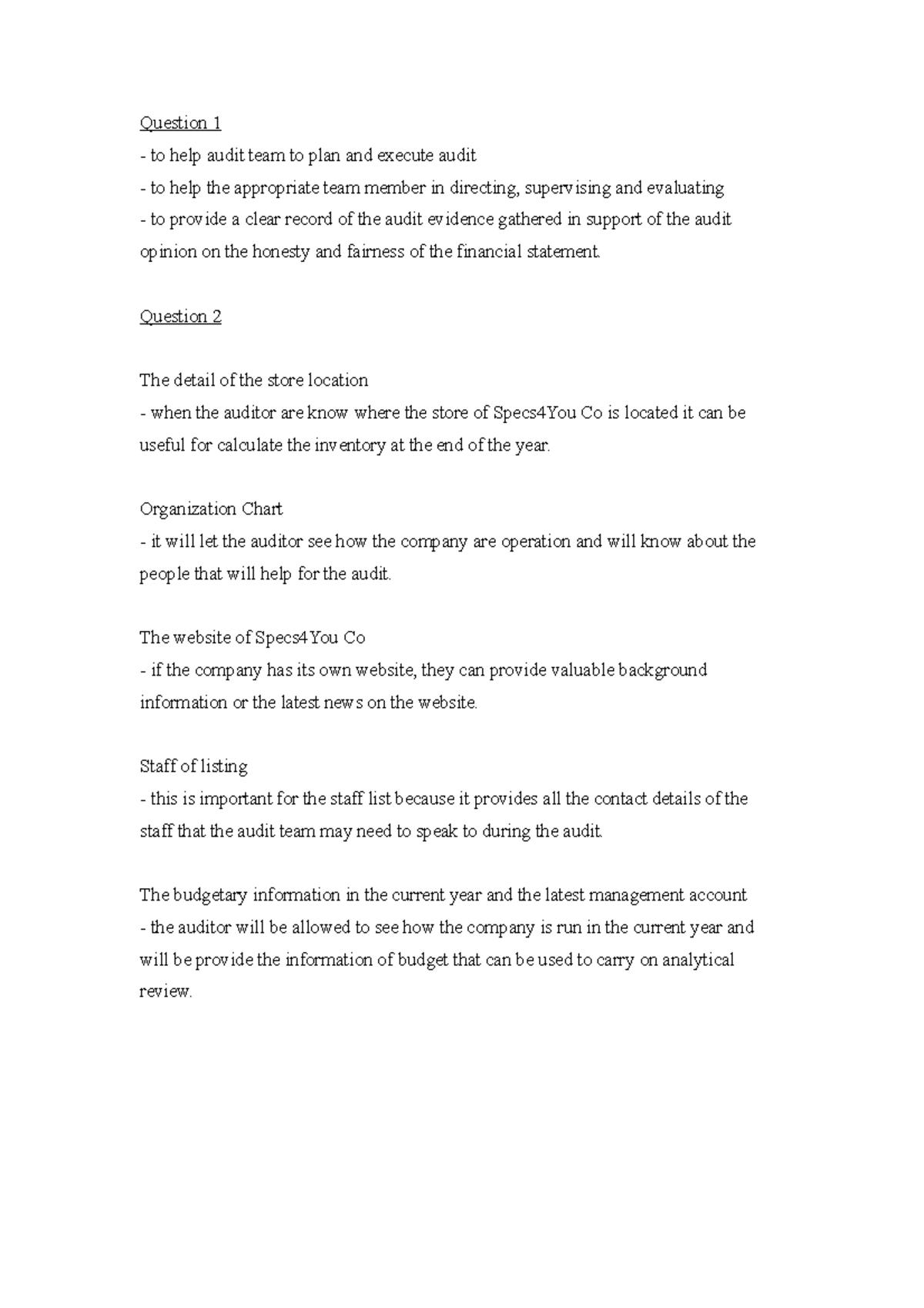 Audit assessment - 5 short answer question - to help audit team to plan ...