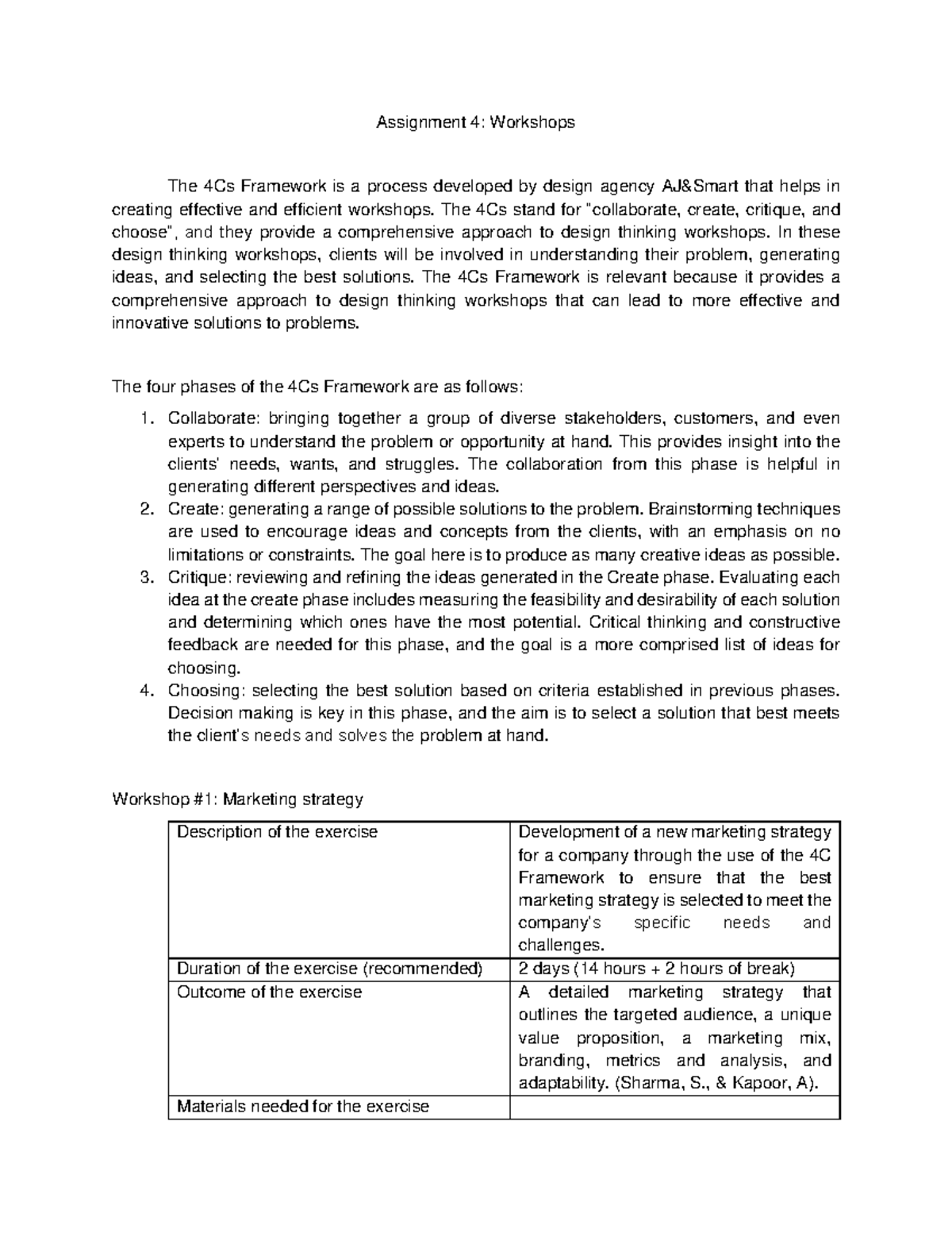 Assignment 4 - BUS356 - 4C's framework - Assignment 4: Workshops The ...