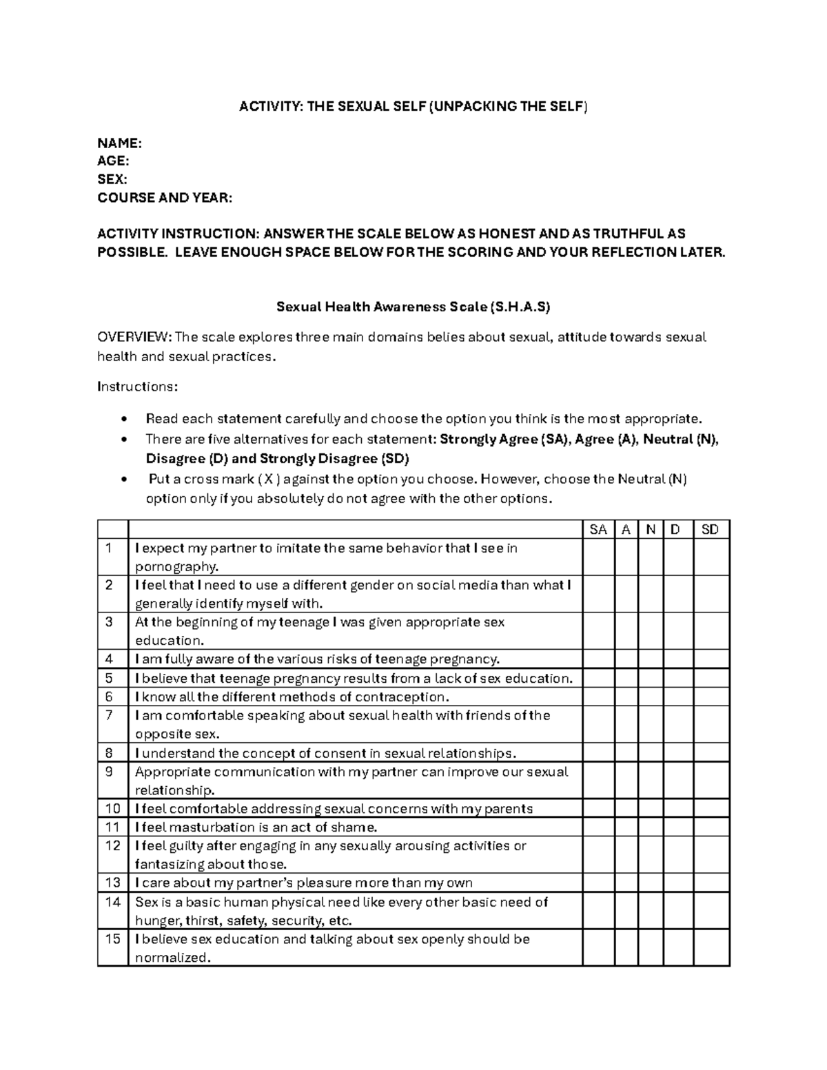 THE Sexual SELF Activity - ACTIVITY: THE SEXUAL SELF (UNPACKING THE ...